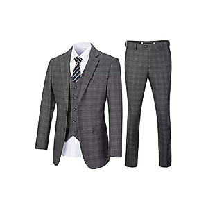 Mens Checked Suit Slim Fit Wedding Suit Casual Plaid Prom Homecoming Suit Dress Tux Suit Grey Blazer Jacket Vest Pants XS