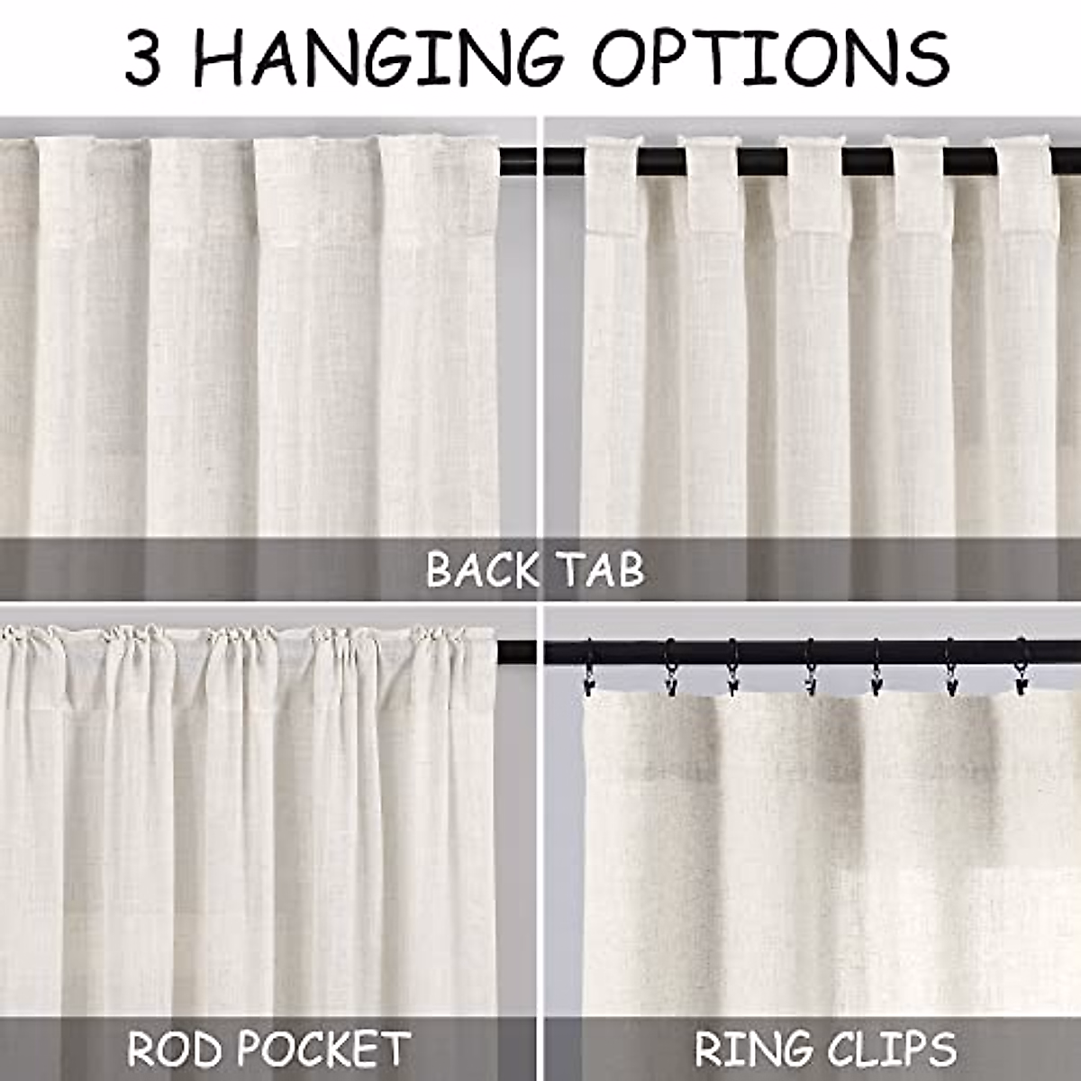 Cream Linen Back Tab Curtains 84 Inch Length for Living Room 2 Panel Set Neutral Modern Farmhouse Window Curtain Privacy Semi Sheer Linen Drapes Rustic Pinch Pleated Look Curtain Natural Ivory Colored