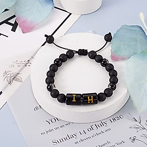 KISSITTY 26pcs/Box Letter Beads Glass Column Beads with Golden Letters A-Z Black Color Alphabet Loose Spacer Beads 11x14mm for DIY Jewelry Making Crafts with Hole 1.5mm