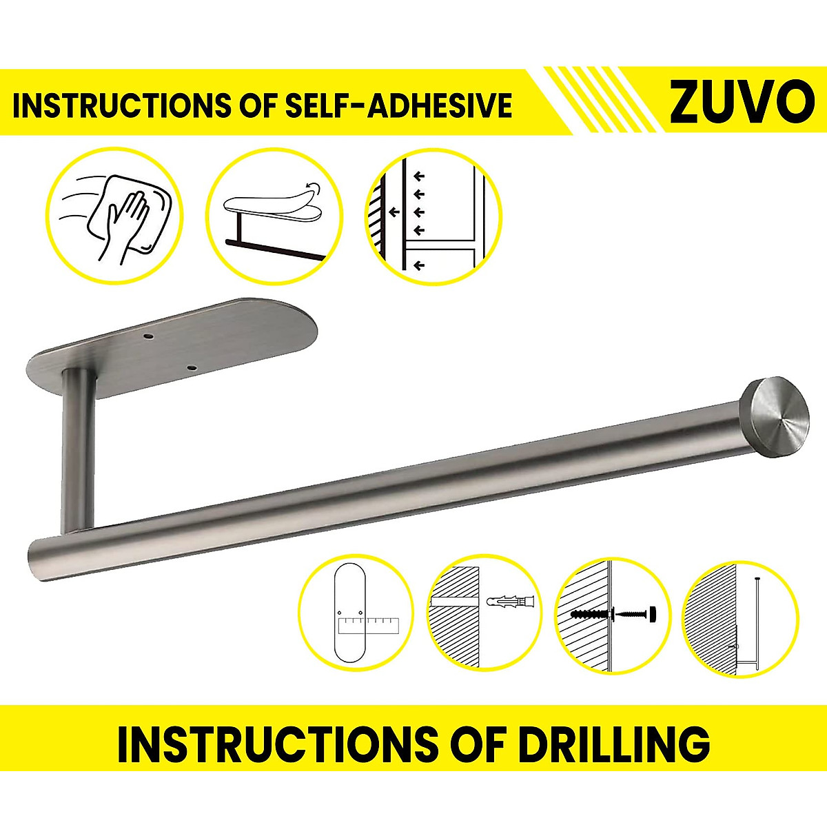 Paper Towel Holder Under Cabinet - (Silver) Adhesive Paper Towel Holders with Stainless Steel - Stick or Screw Towel Holders for Kitchen Cabinet, Bathroom, Wall Mount