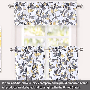 DriftAway 3 Piece Kitchen Curtains with Valance and Tier Sets Yellow Floral Branch Farmhouse Light Filtering 24 Inch Kitchen Window Curtains Over Sink for Bathroom Living Room