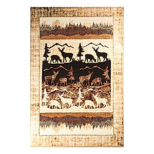 Furnish my Place Pine & Moose Lodge Rug – 5ft. x 8ft, Multicolor Mountain Area Rug with Designer Border, Animal Pattern, Jute Backing. Rustic Theme Décor