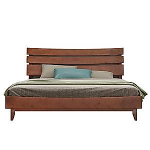 LUXOAK Solid Wood Bed Frame with Headboard, 14 inch Queen Size Japanese Bed Frame, Mid-Century Platform Bed, Solid Wood Slats Support, No Box Spring Needed, Easy Assembly, Walnut