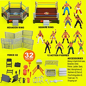 JDS Toy Store 32-Piece Mini Wrestling Playset with Action Figures and Accessories - Kids Toy with Realistic Wrestlers - 2 Rings Included