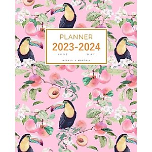 Planner 2023-2024: 8x10 Weekly and Monthly Organizer Large from June 2023 to May 2024 | Vintage Rose Wildflower Berry Design Pink