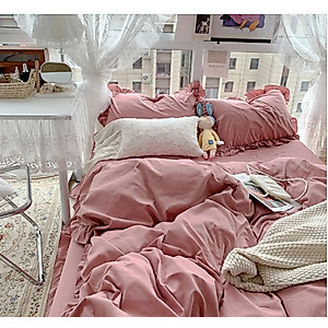 Magic bedding 3 Pcs Ruffled Cotton Duvet Cover in Pink Color, Bedding Set Ruffle Queen Duvet Cover King Bedding Set Comforter Cover Pink Twin Full Duvet Cover Set (Queen 90X90)