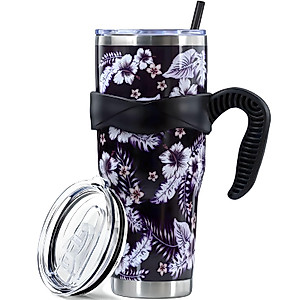Sunmdecor Flower Tumbler with Handle and Silicone Straws - 40 Oz Flower Cups Insulated Tumbler - Flower Cup Gift for Women
