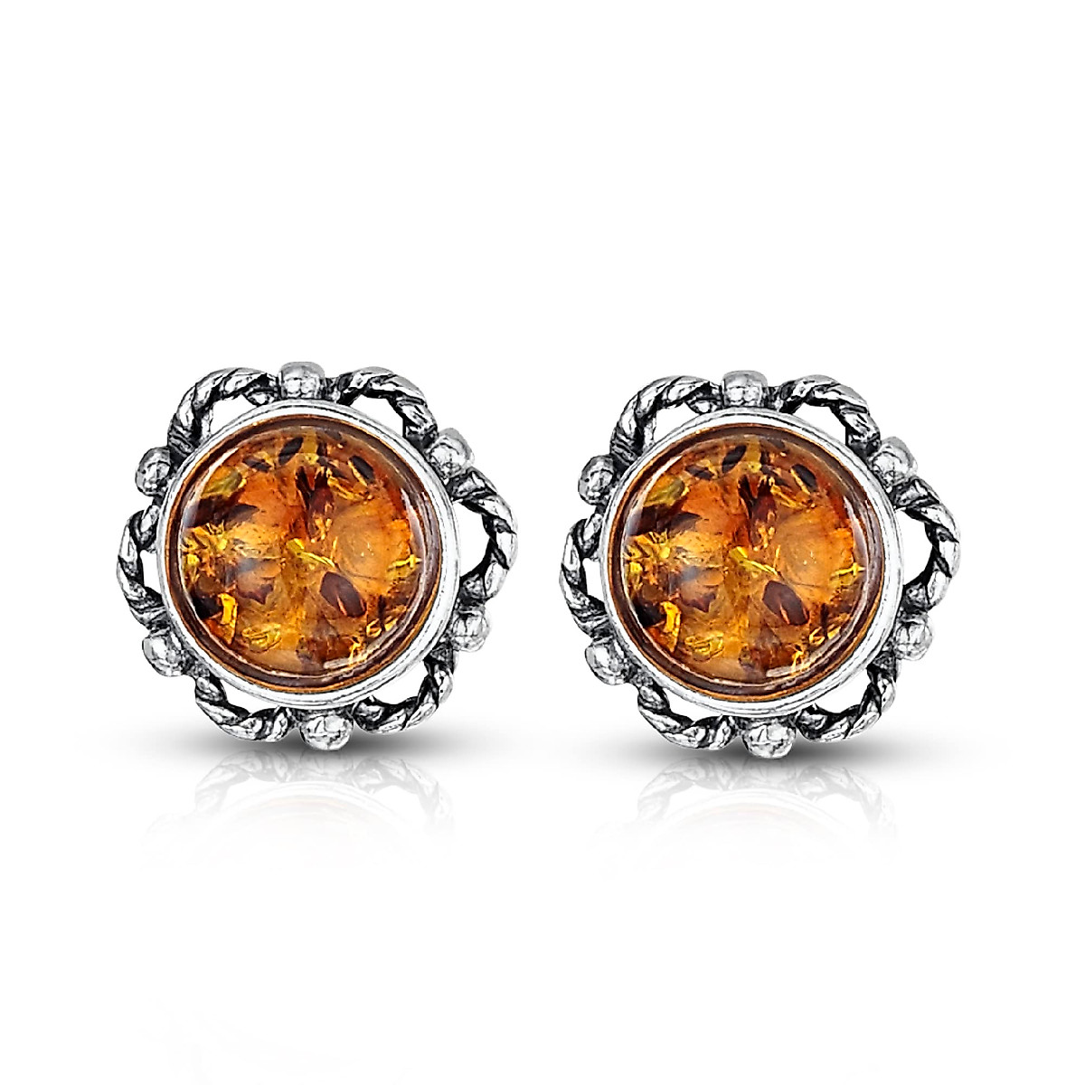 Amberta 925 Sterling Silver with Genuine Baltic Amber - Earrings for Women - Bloom Button Ball - Studs with Honey Stone Color