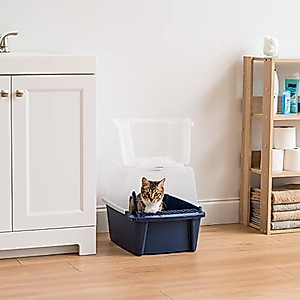IRIS USA Large Split Hood Cat Litter Box with Front Door Flap and Scoop, Split Lid Hooded Kitty Litter Tray with Entry Gate for Privacy and Keeping Litter Inside, Navy