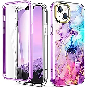 Hocase for iPhone 14 Plus Case, (with Built-in Screen Protector) Shockproof Slim Soft TPU+Hard Plastic Full Body Protective Case for iPhone 14 Plus (6.7" Display) 2022 - Watercolor Marble
