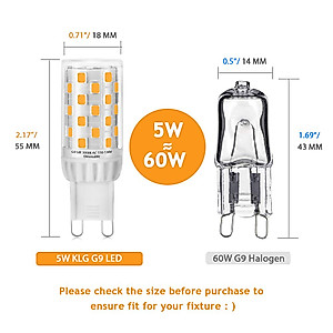 KLG G9 Dimmable LED Light Bulb 5W Warm White 3000K, 40W 60W Halogen Equivalent, G9 Bi-Pin Base Bulbs, 500LM, AC 120V for Home Lighting, Pack of 5