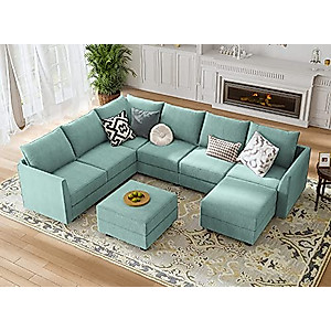 HONBAY Modular Sectional Sofa with Storage Seat Oversized U Shaped Modular Couch with Reversible Chaise Sectional Sleeper Sofa with Ottoman for Living Room, Aqua Blue
