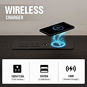 Seventable Nightstand with Wireless Charging Station and LED Lights, Modern End Side Table with 3 Drawers and Open Compartment for Bedroom, Black