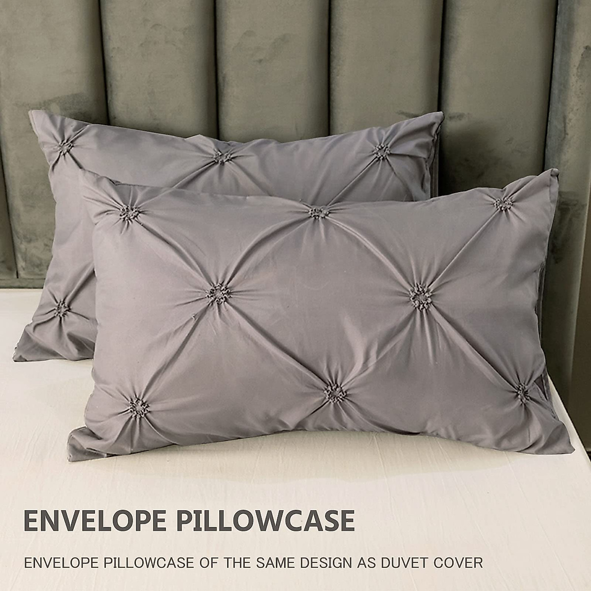 UlikTree Solid Duvet Cover - Soft Floral Pinch Comforter Covers with 2 Shams, 3 Pieces Microfiber Bedding Sets with Zipper Closure and Striped Ties for All Seasons, Grey (Full, 80x90'')