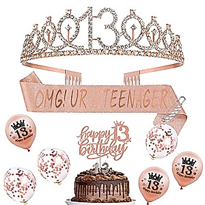 13th Birthday Decorations for Girls,13th Birthday Sash,Crown,Balloons,Candles,Cake Toppers.13th Birthday Crown Set for Girls