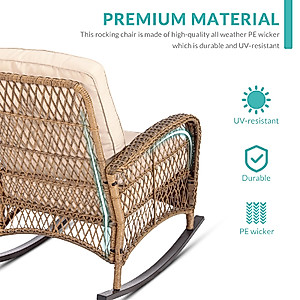 MEETWARM Outdoor Wicker Rocking Chair, Rattan Patio Rocker Chairs with Cushions and Steel Frame - Beige