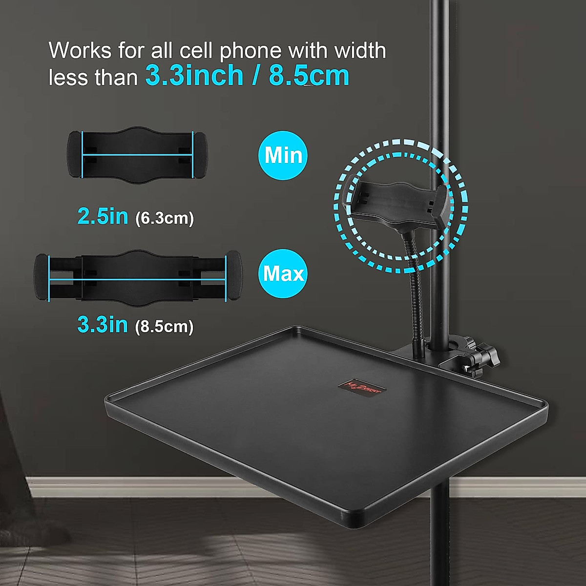 Mr.Power Microphone Stand Plastic Tray with Phone Holder, Mic Stand Clamp-On Rack Tray Holder for Most Mic Stands, for Stage, Live Streaming, Concert Performance, Karaoke (10.6" x 8") (Large)
