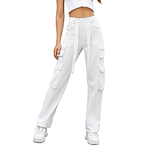 Micoson Women High Waist Cargo Pants with 8 Pockets Straight-Leg Loose Girl Moisture Wicking Oversized White Cargo Jeans White,XXL