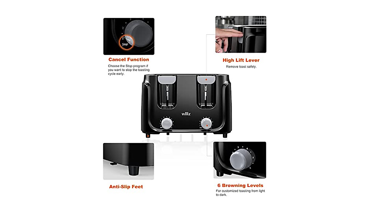 Willz 4-Slice Toaster with Wide Slots & 6 Browning Levels