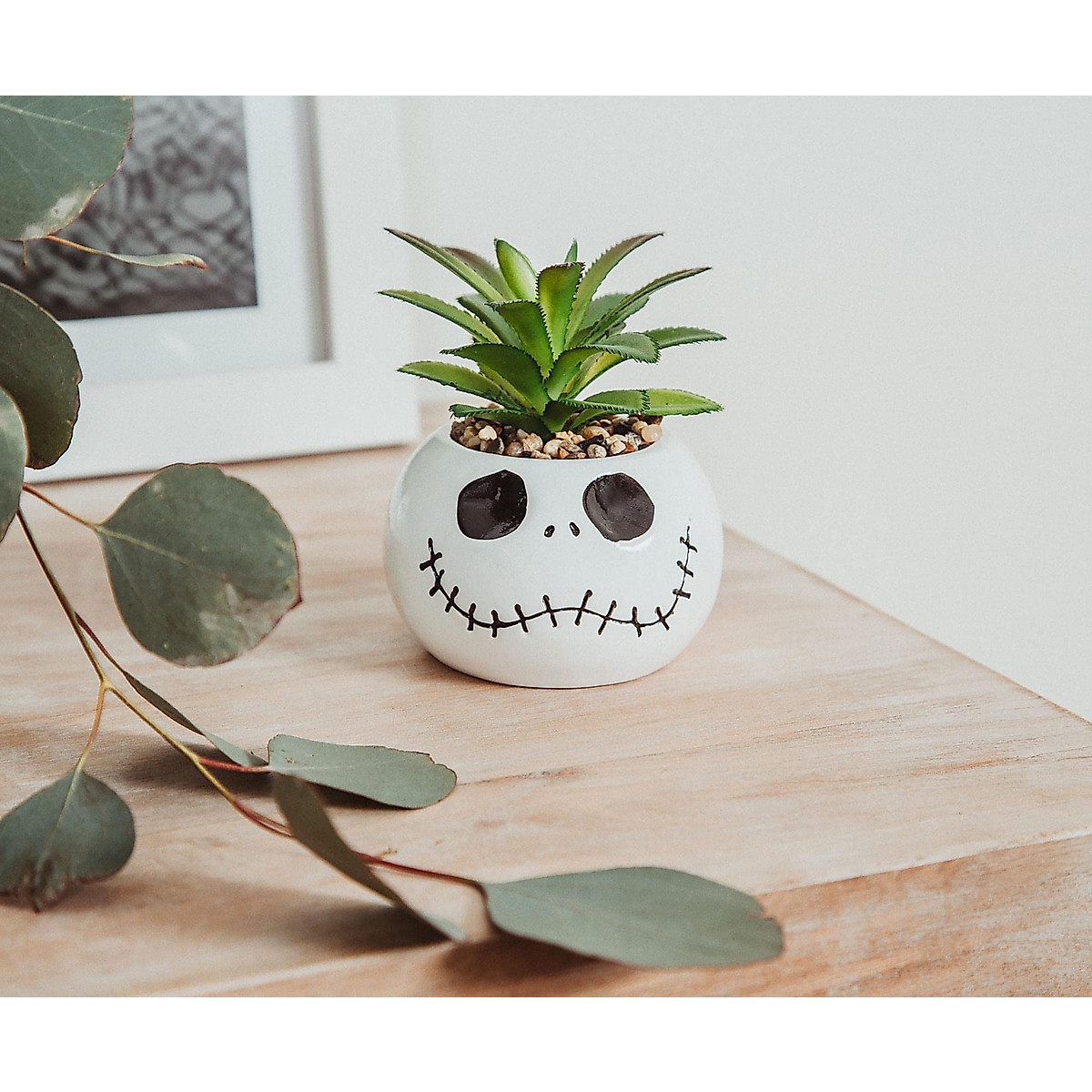 Toynk Disney The Nightmare Before Christmas Jack Skellington 3-Inch Ceramic Mini Planter with Artificial Succulent | Small Flower Pot, Faux Indoor Plants for Desk Shelf, Home Decor Trinket Tray