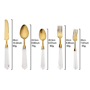 JASHII 5pcs Silver 304 Stainless Steel Flatware Cutlery Set with Transparent Acrylic Handle Diamond Shape, Matte Knife Fork Spoon Set, Dishwasher Safe for Home Wedding Hotel