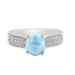 March Birthstone 9X7 MM Oval Natural Blue Larimar Cabochon Gemstone 925 Sterling Silver Solitaire Unisex Proposal Ring For Love and Friendship Gift (Rhodium Plated Silver, 7)