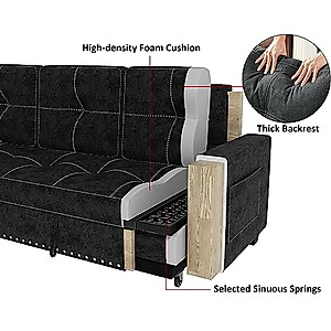 Ucloveria Reversible Sectional Sofa Couch, Sleeper Sofa Bed with Storage Chaise Pull Out Couch Bed for Living Room L-Shape Lounge 2 in 1 Sectional Couch with Pull Out Bed Black