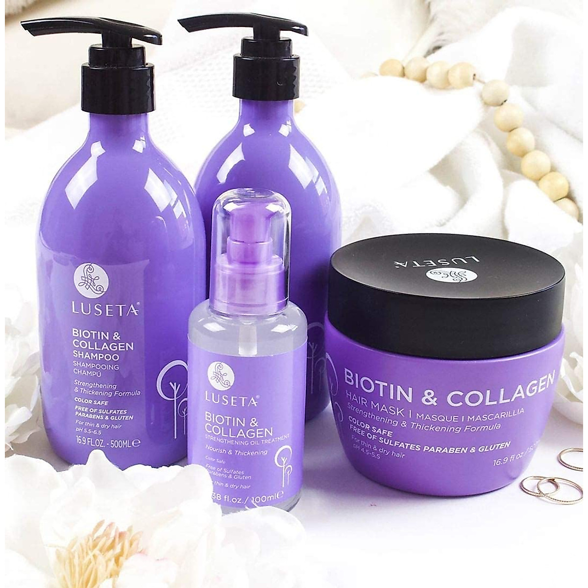 Luseta Biotin & Collagen Hair Growth Set: 16.9oz Shampoo, 16.9oz Conditioner, 3.38oz Serum, and 16.9oz Mask