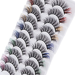 outopen Colored Lashes, False Eyelashes with Color, Fluffy 5D Volume Curly Faux Mink Eyelashes 10 Pairs Cat-Eye Cosplay Makeup Lashes
