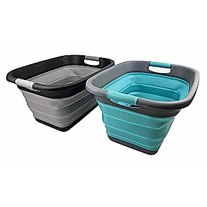 SAMMART 25L (6.6 Gallon) Set of 2 Collapsible Laundry Basket/Tub - Foldable Storage Container/Organizer, Water Capacity: 20L (Alloy Grey + Crystal Blue)