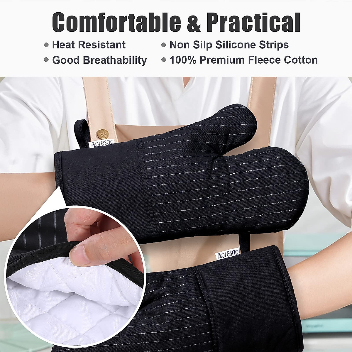 AORESAC Oven Mitts and Pot Holders Set, 500°F Heat Resistance and Flexible Oven Gloves for Kitchen Cooking, Non-Slip Silicone Surface and Soft Quilted Liner, 4 Pieces Set, 13 Inches