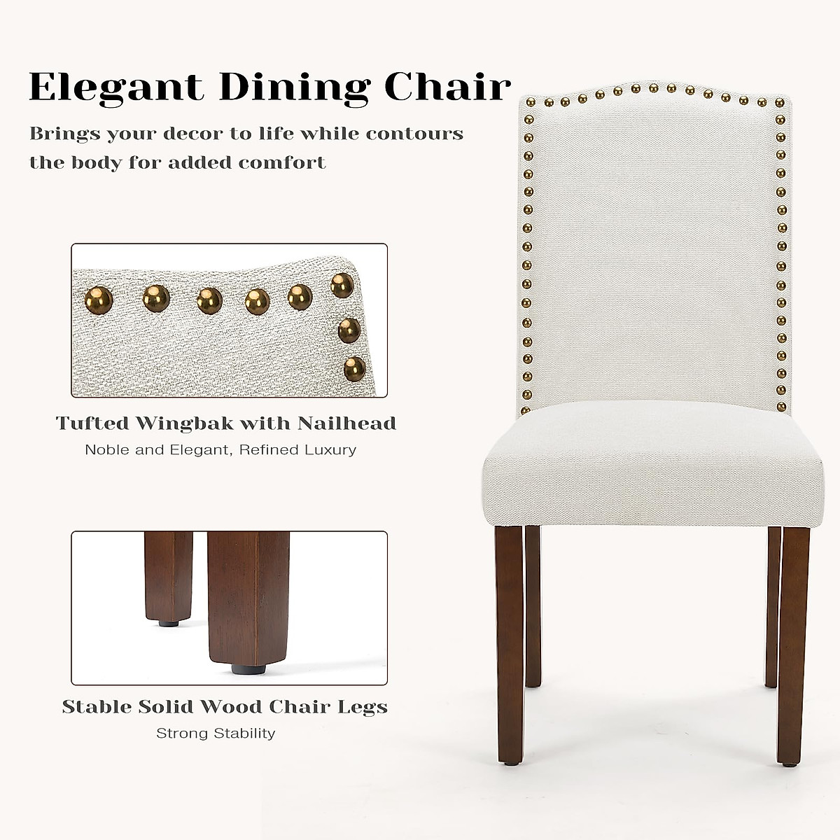 DUMOS Dining Chairs Set of 2, Fabric Dining Room Chairs, Upholstered Parsons Chairs with Nailhead Trim and Wood Legs, Kitchen Side Chair for Dining Living Room,Bedroom - Beige