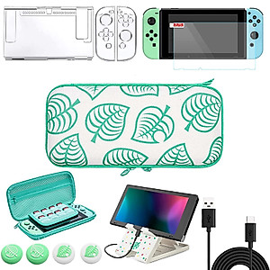 ELIATER Switch Accessories Bundle for Animal Leaf Crossing, Switch Carrying Case with Playstand & Screen Protector & 4 Thumb Grip Caps & Protective Cover & Charging Cable & Pendant