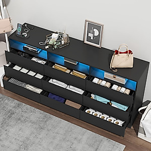 Auromie 9 Drawers Dresser, Double Modern Chest of Drawers with Power Outlet, Dresser TV Stand with Led Light Strip, Drawer Organizer for Bedroom, Living Room, Hallway (Black, 9 Drawer)