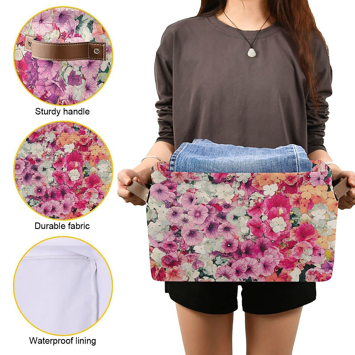 Spring Flowers Pink Purple Storage Basket Fabric Laundry Baskets Morning glory Sunflower Lavender Storage Boxes Organizer Bag for Baby Cloth Dog Toy Book Storage Cubes Shelf Closet Bins 16x12x8 Inches