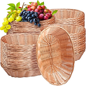 36 Pieces Bread Basket for Serving Plastic Wicker Basket Empty Gift Basket Woven Round Storage Basket Brown Fruit Serving Basket Bulk for Kitchen, Restaurant, Easter Gifts, Bakery 9.5 x 6.3 x 2.4 Inch