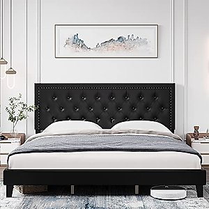 Homhougo Full Size Bed Frame with Adjustable Headboard, Upholstered Platform Bed with Button Tufted Faux Leather Headboard, Wood Slat Support, Noise-Free, No Box Spring Needed, Easy Assembly, Black