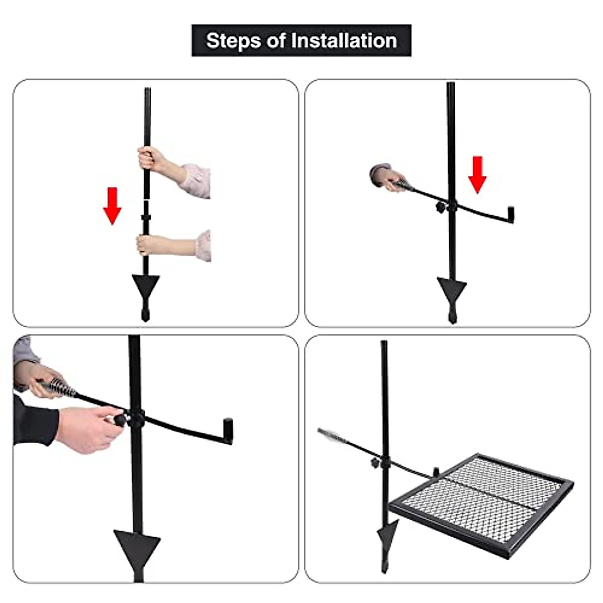 Lineslife Swivel Campfire Grill, Adjustable Heavy Duty Steel Campfire Grill Grate, Fire Pit Grill Grate Over Fire Pit with Carrying Bag for Outdoor Camping BBQ, Rectangle Black