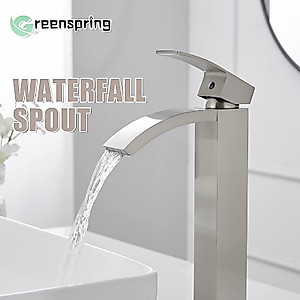Greenspring Brushed Nickel Bathroom Faucet Vessel Sink Single Hole Single Handle Waterfall Spout Lavatory Commercial Bath Vanity Bowl Faucets Tall Body Supply Line Lead-Free