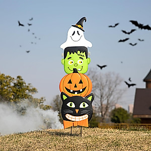 Glitzhome 42''H 4pcs Metal Halloween Outdoor Yard Stakes,Halloween Ghost/Pumpkin/Black Cat/Frankenstein Stakes or Hanging Decor,Halloween Porch Standing Sign for Lawn Garden Home Party (2030200005)