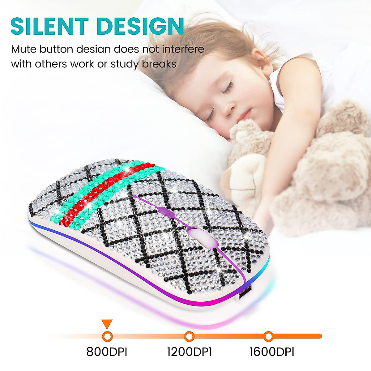 Wireless Mouse,Attoe 2.4GHz Bling Dazzling Ergonomic Portable Girls Mouse Silent 800/1200/1600 DPI USB Optic Mouse Convenient for PC Laptop Notebook Windows