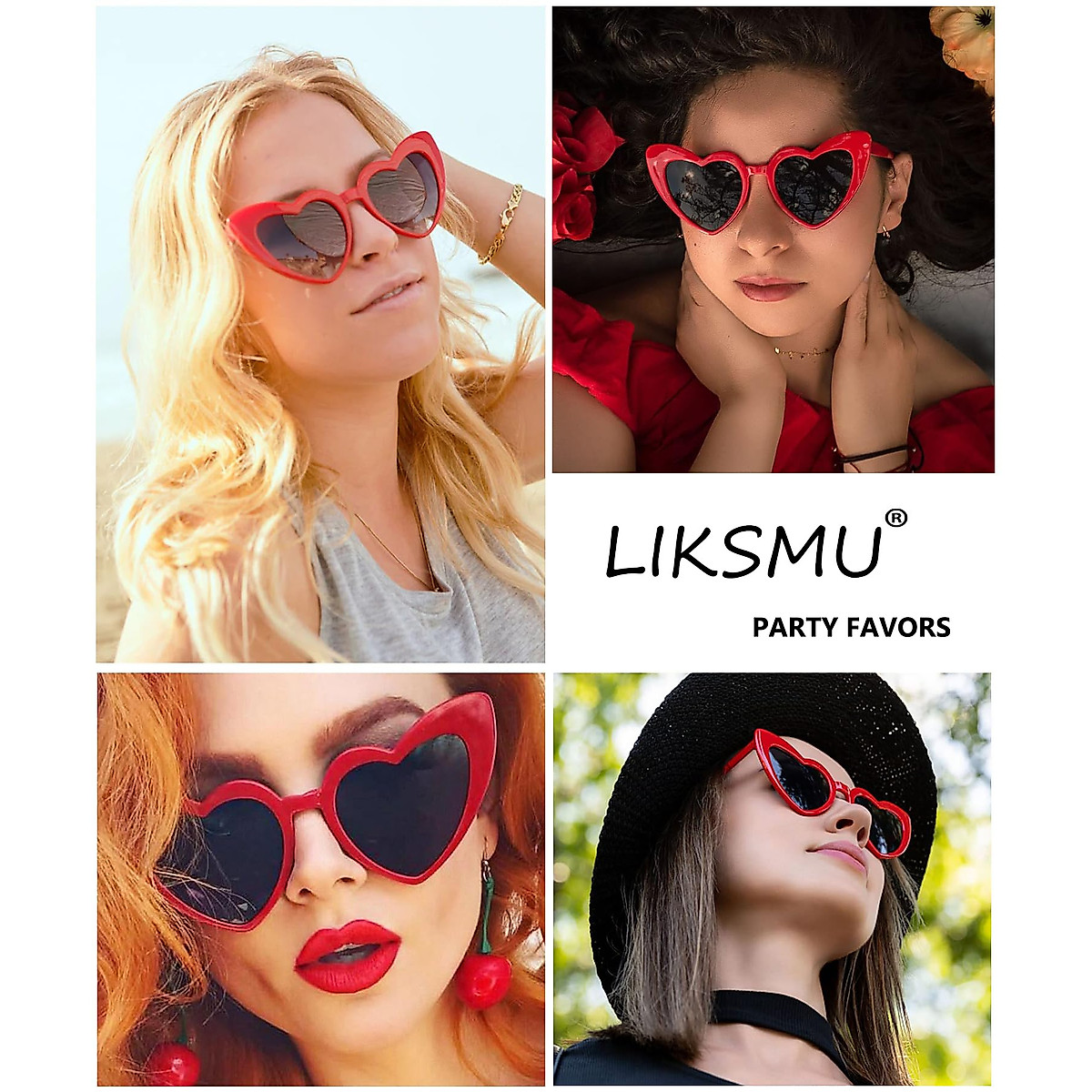 LIKSMU Heart Sunglasses for Women Trendy Cat Eye Love Shaped Sunglasses Vintage Lovely Shades Retro Cute Sun Glasses Party Favors Music Concert Red