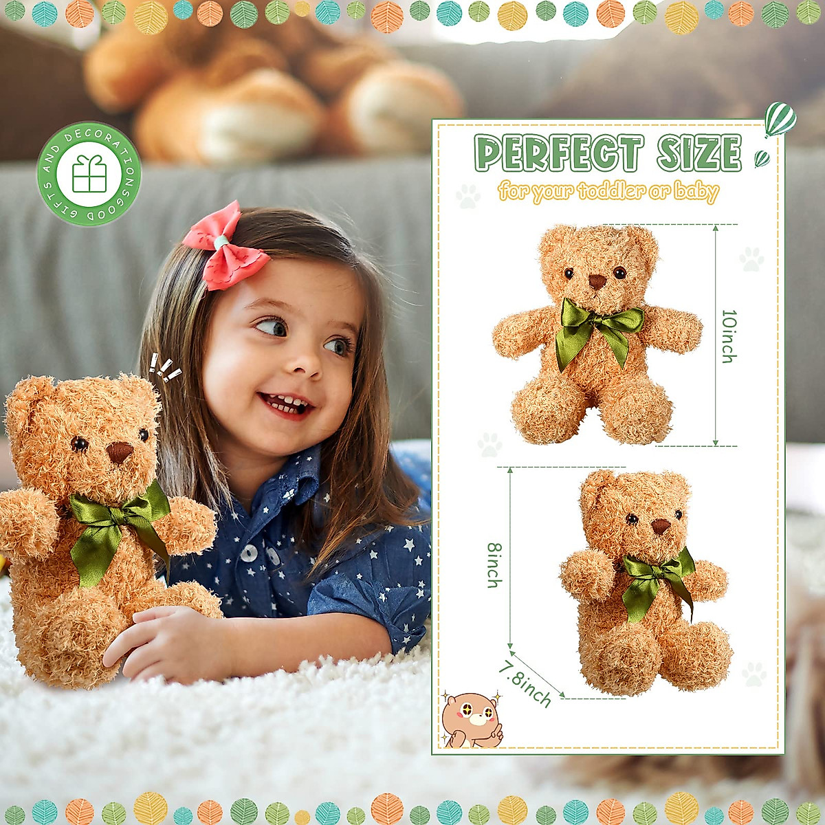 9 Pieces Cute Bear Stuffed Animals, 10 Inch Soft Plush Stuffed Bears Toy Bulk with Bow Tie for Kids Boys Girls Graduation Baby Shower Christmas Birthday Party Gift Favors (Golden)