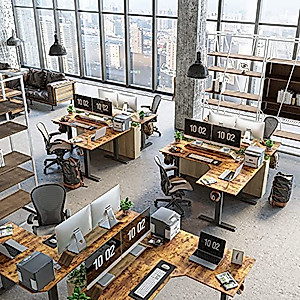 FEZIBO Triple Motor L-Shaped Electric Standing Desk, 63 Inches Height Adjustable Stand up Corner Desk, Sit Stand Workstation with Splice Board, Black Frame/Rustic Brown Top