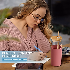 6 Pack Glass Tumblers with Bamboo Lid and Straw Reusable Iced Coffee Cups Smoothie Tumbler Aesthetic Travel Straw Cups Glass Water Bottle with Silicone Protective Sleeve and Brush (20 oz)