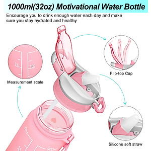 32OZ Motivational Fitness Sports Water Bottle with Straw & Time Maker, BPA-free, Tritan Plastic, Leak-proof Ensure you Stay Hydrated Throughout The Day for Gym, Outdoor Sports (Omber: Rose Serenity)