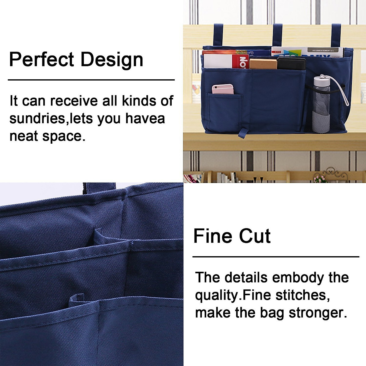 Bunk Bedside Caddy - Hanging Storage Organizer for Books, Phones, Tablets, Accessory and TV Remote - Best for Headboards, Bed Rails, Dorm Rooms, Bunk Beds, Apartments, Bathrooms & Travel (Blue)