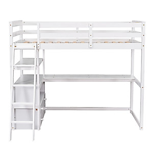 MERITLINE Twin Loft Bed with Desk and Storage, Wooden Loft Bed Twin with Shelves and Two Built-in Drawers for Kids Teens Boys Girls,No Box Spring Needed,White