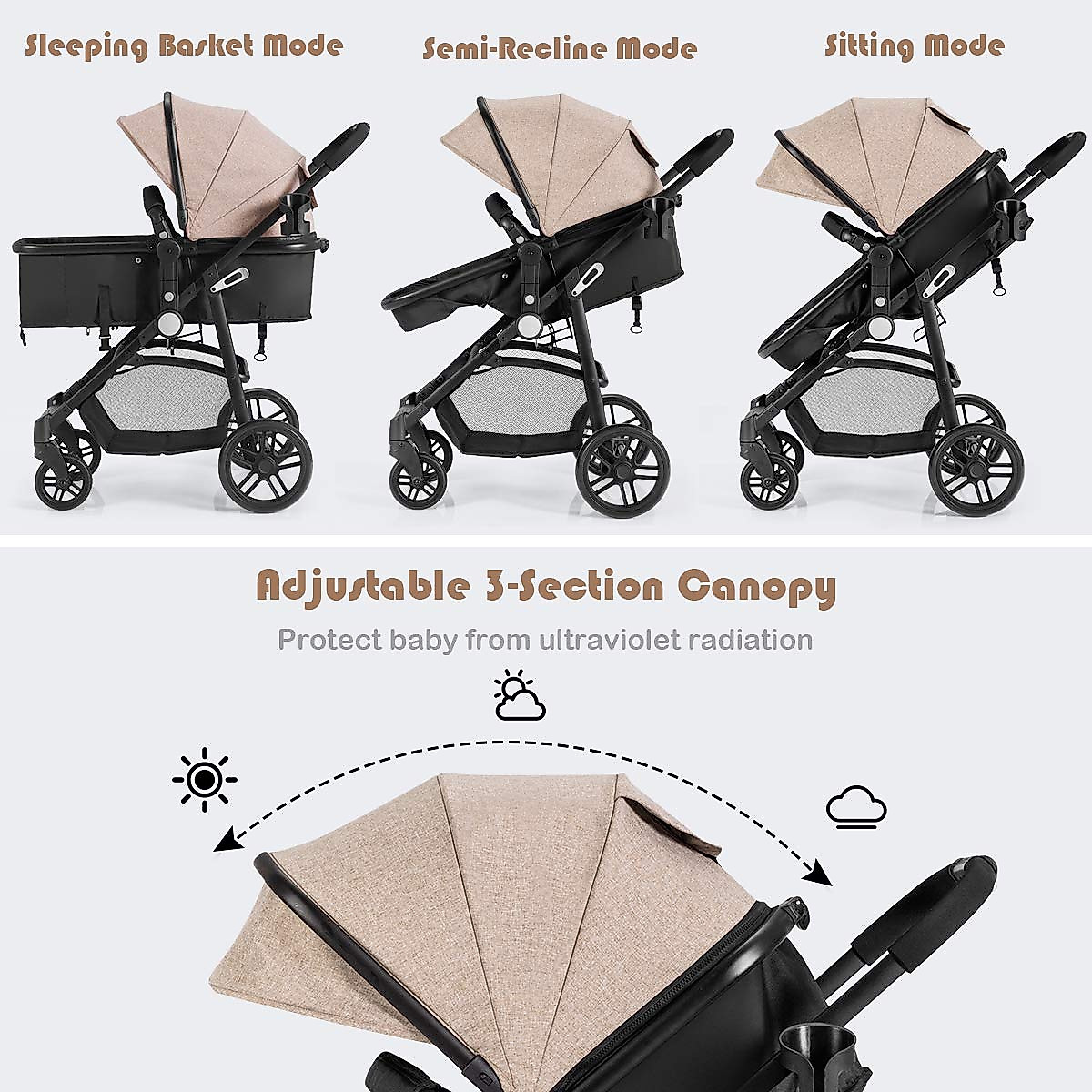 BABY JOY Baby Stroller, 2 in 1 Convertible Carriage Bassinet to Stroller, Pushchair with Foot Cover, Cup Holder, Large Storage Space, Wheels Suspension, 5-Point Harness (Light Coffee)