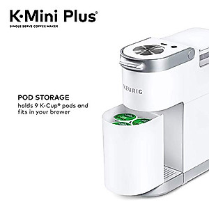 Keurig K-Mini Plus Coffee Maker, Single Serve K-Cup Pod Coffee Brewer, Comes With 6 to 12 oz. Brew Size, K-Cup Pod Storage, and Travel Mug Friendly, White (Renewed)